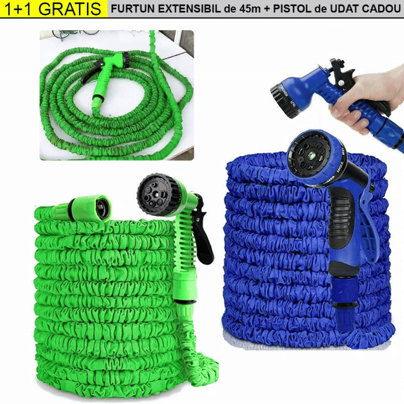 1+1 Cadou: Furtun de Gradina Extensibil 45m + Aparat de Udat Inclus ...
